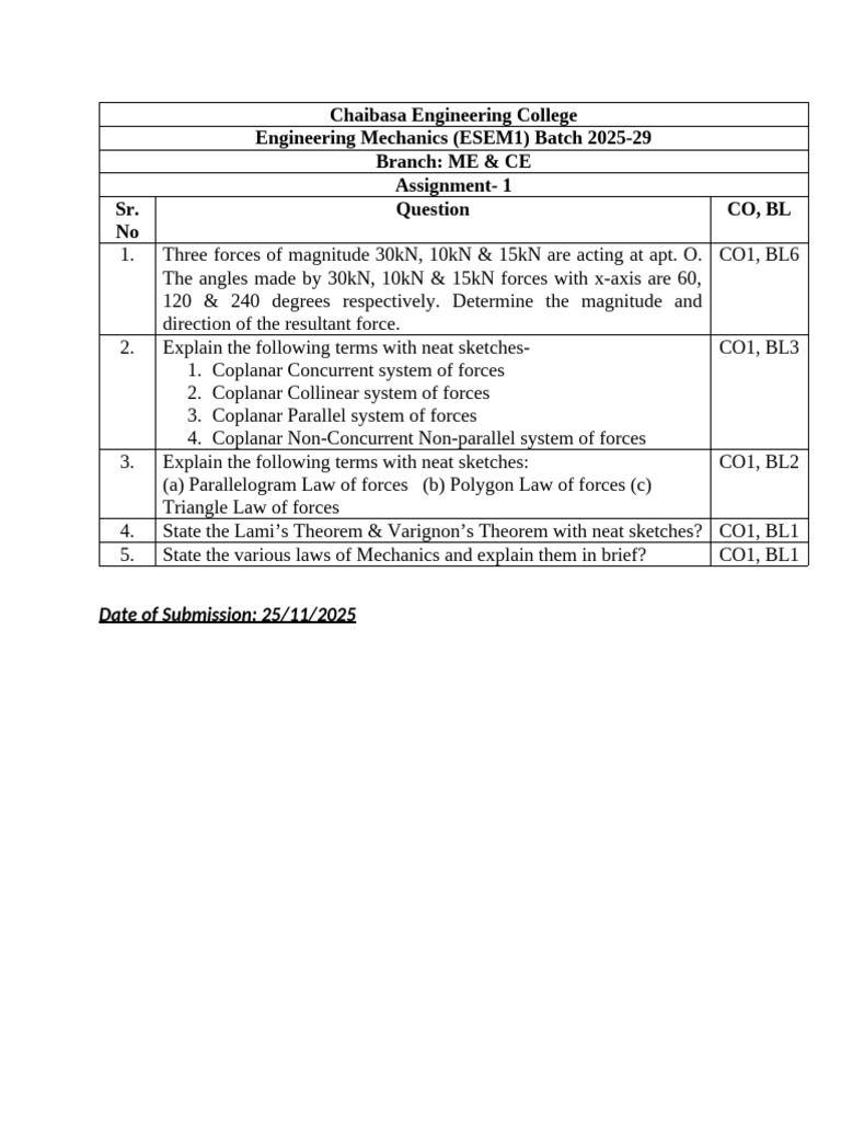 Engg Mechanics Assignment 1 (2025-2029) | PDF