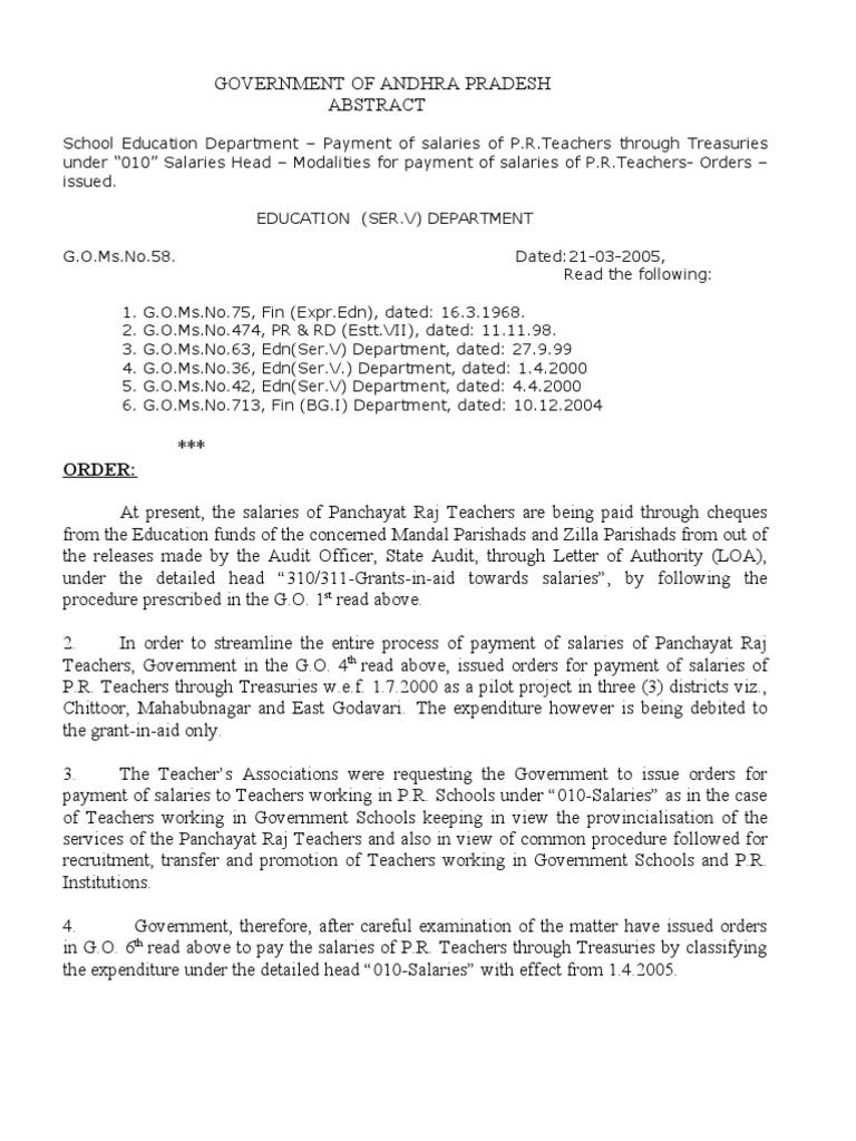 Payment of Salaries of Panchayat Raj Teachers: Modalities for Payment ...