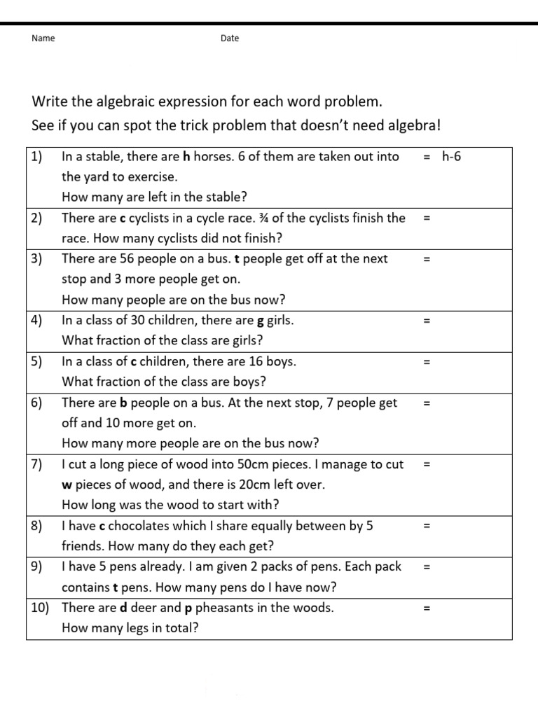 Algebra Word Problems Practice Sheet | PDF