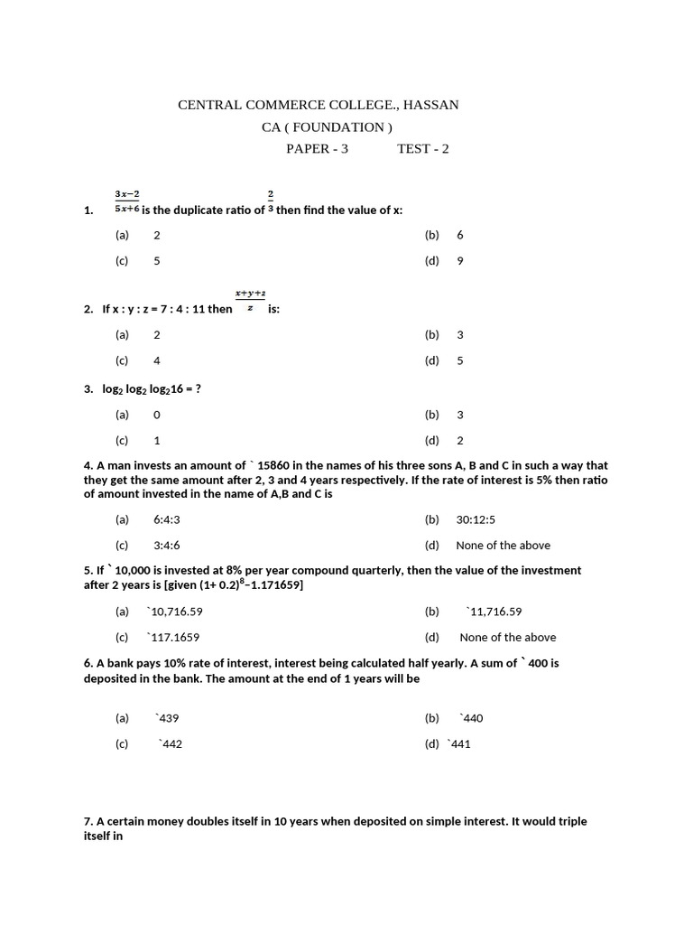 Central Commerce College Test 2 | PDF | Interest | Compound Interest