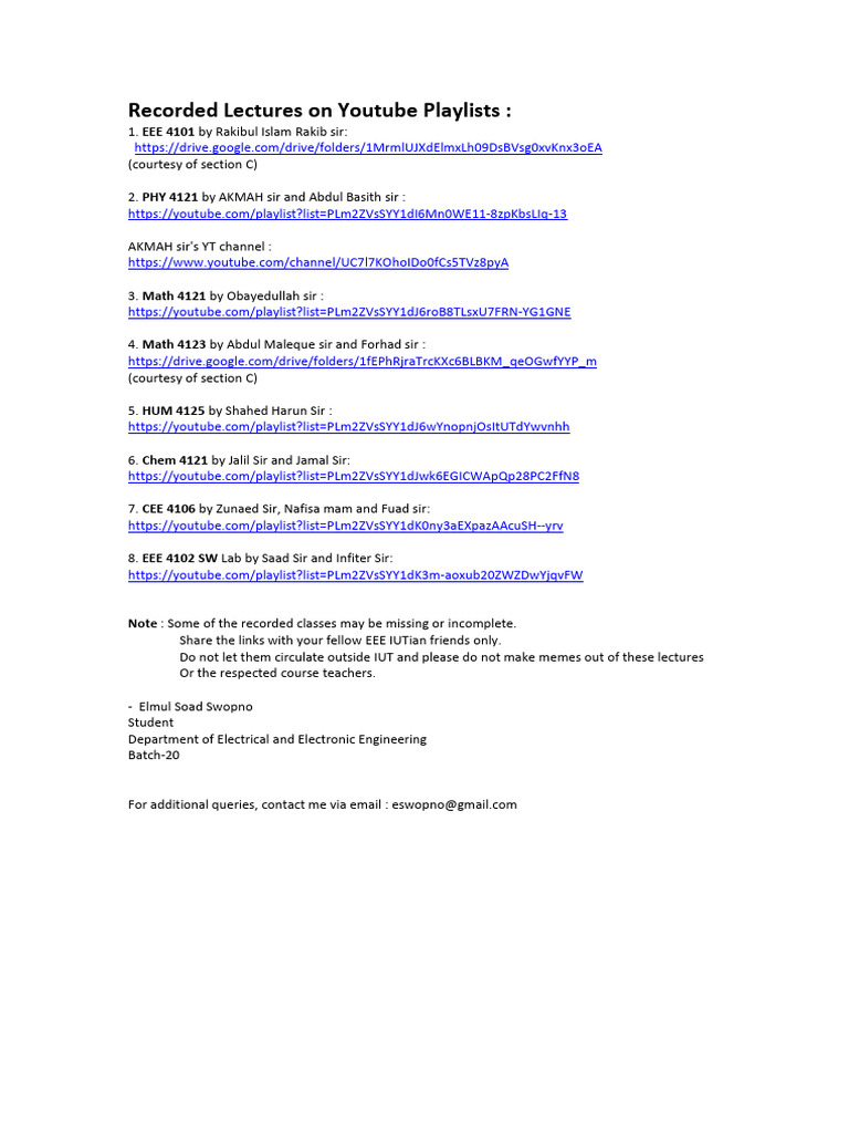 Recorded Lecture Playlists for EEE IUT | PDF
