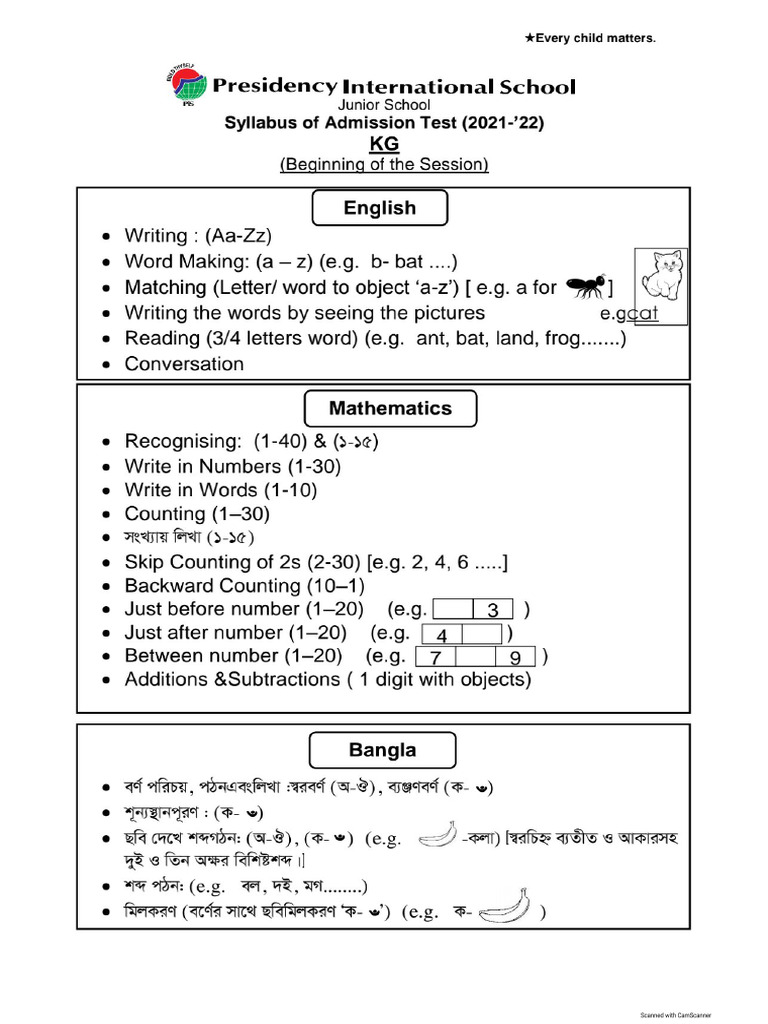 Addmision Syllabus KG | PDF