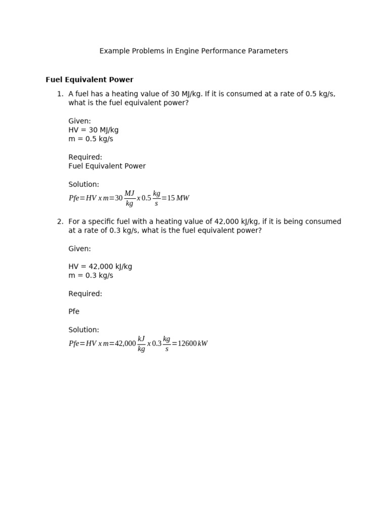 Example Problems in Engine Performance Parameters | PDF | Horsepower | Watt