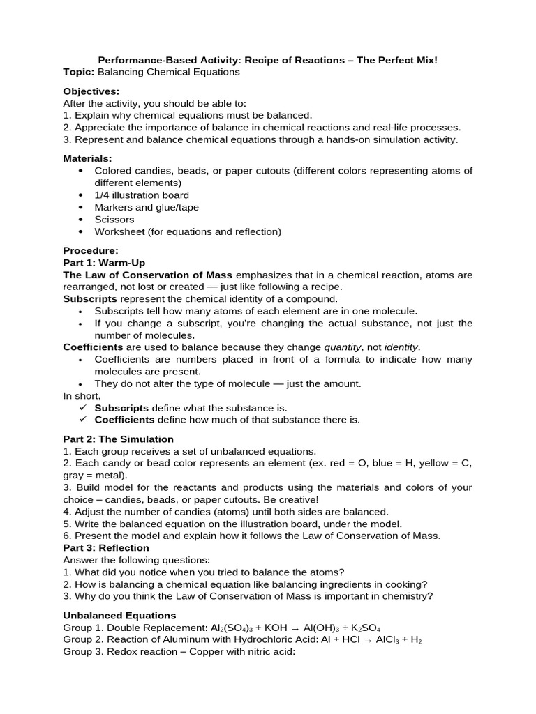 Recipe of Reactions Activity Sheet | PDF | Chemical Substances ...