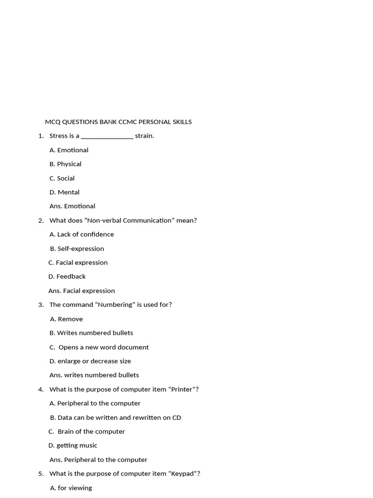 MCQ Questions on Personal Skills and Communication | PDF ...