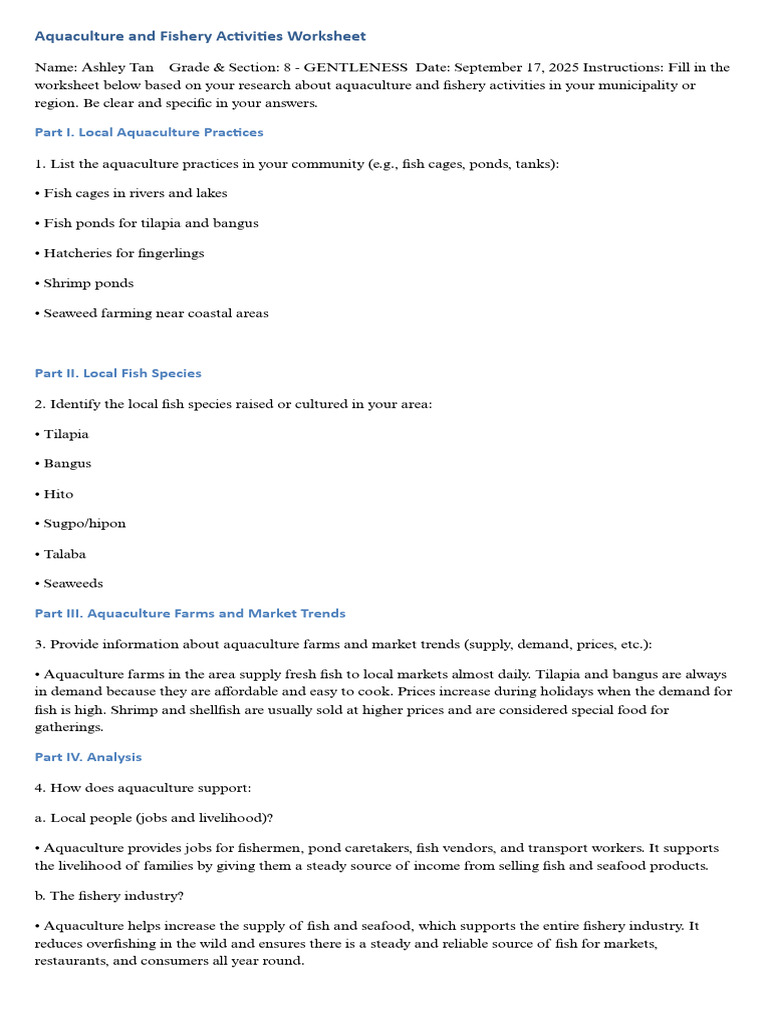 Aquaculture Worksheet | PDF