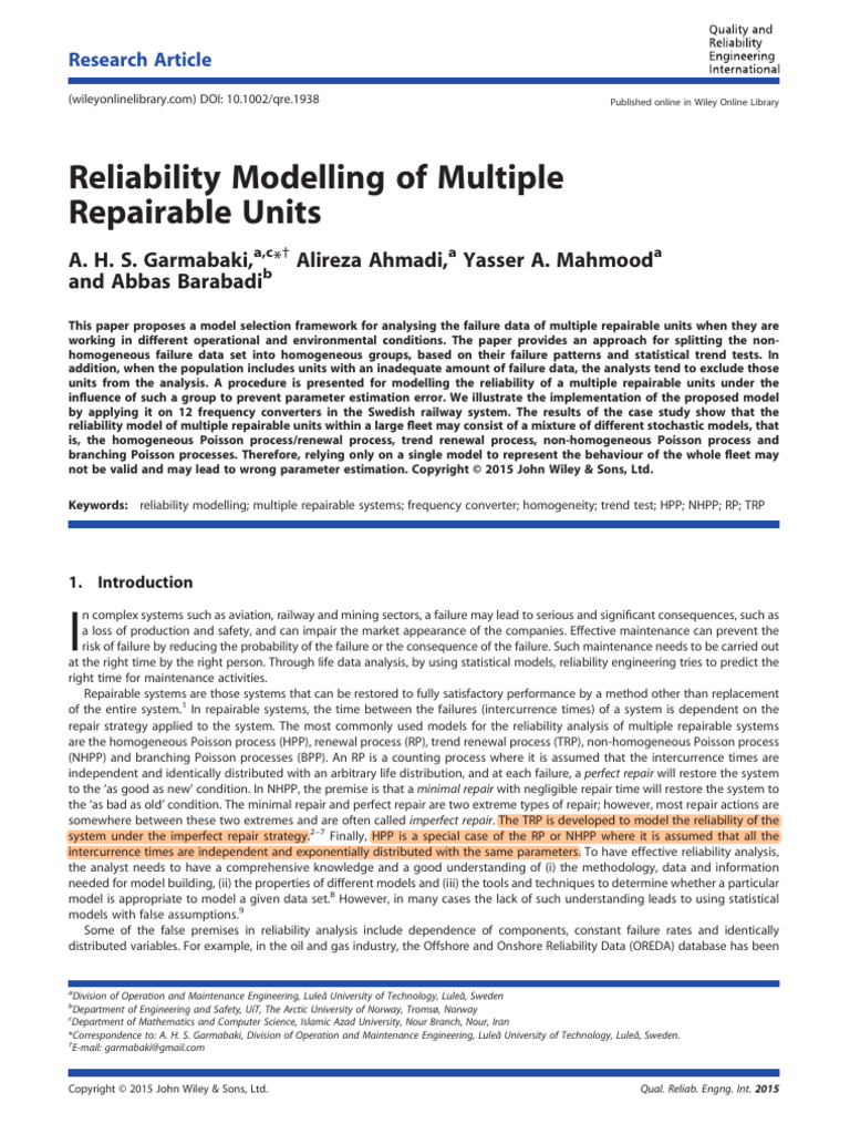Reliability Modelling of Multiple Repairable Units | PDF | Reliability ...
