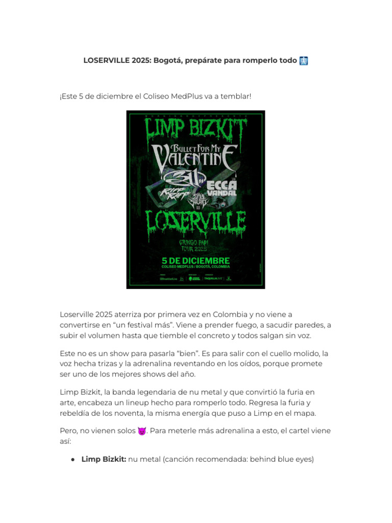 Loserville 2025: Festival de Nu Metal en Bogotá | PDF