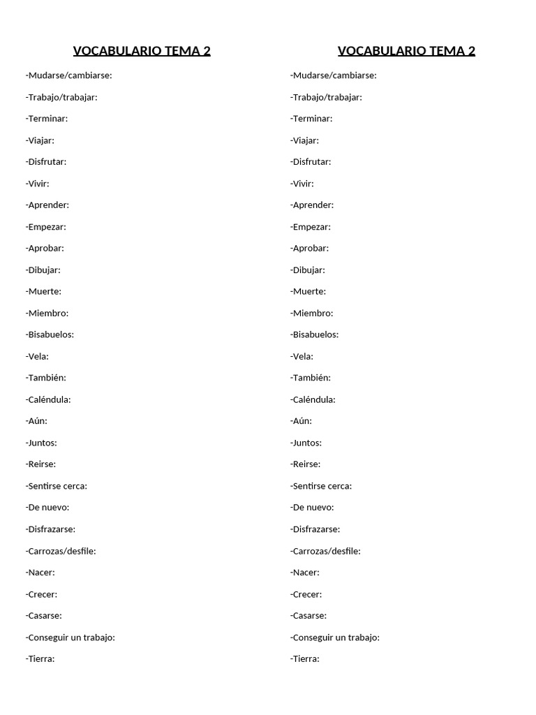 Vocabulario Tema 2 | PDF