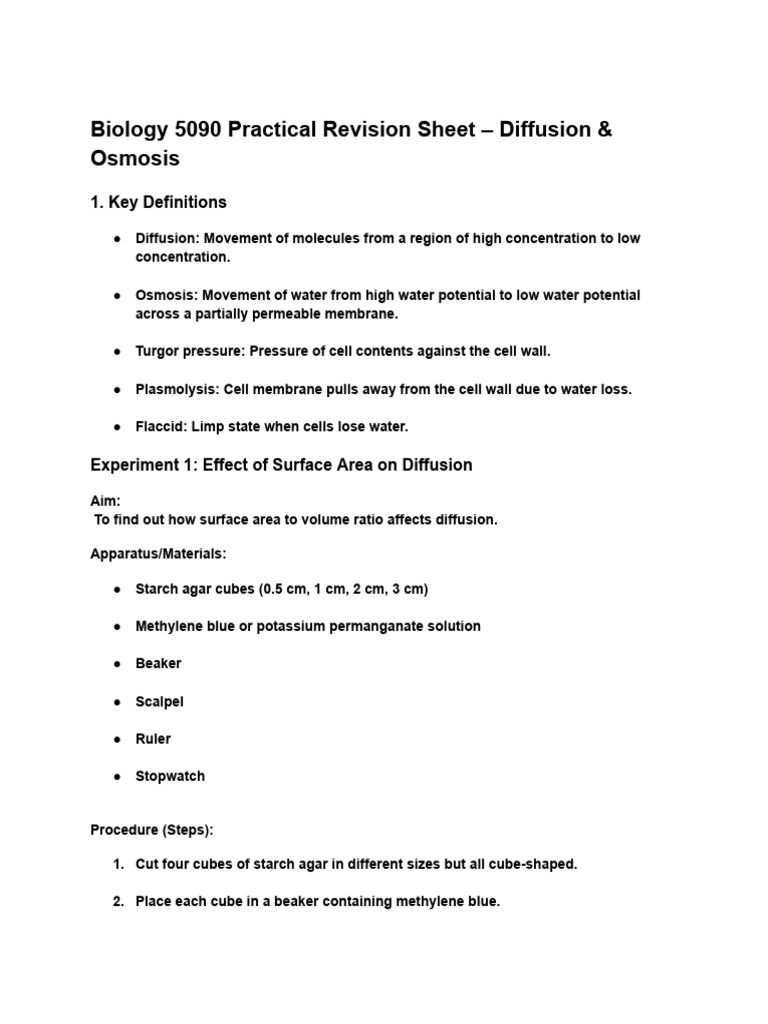 Biology 5090 Practical Revision Sheet - Diffusion & Osmosis | PDF ...