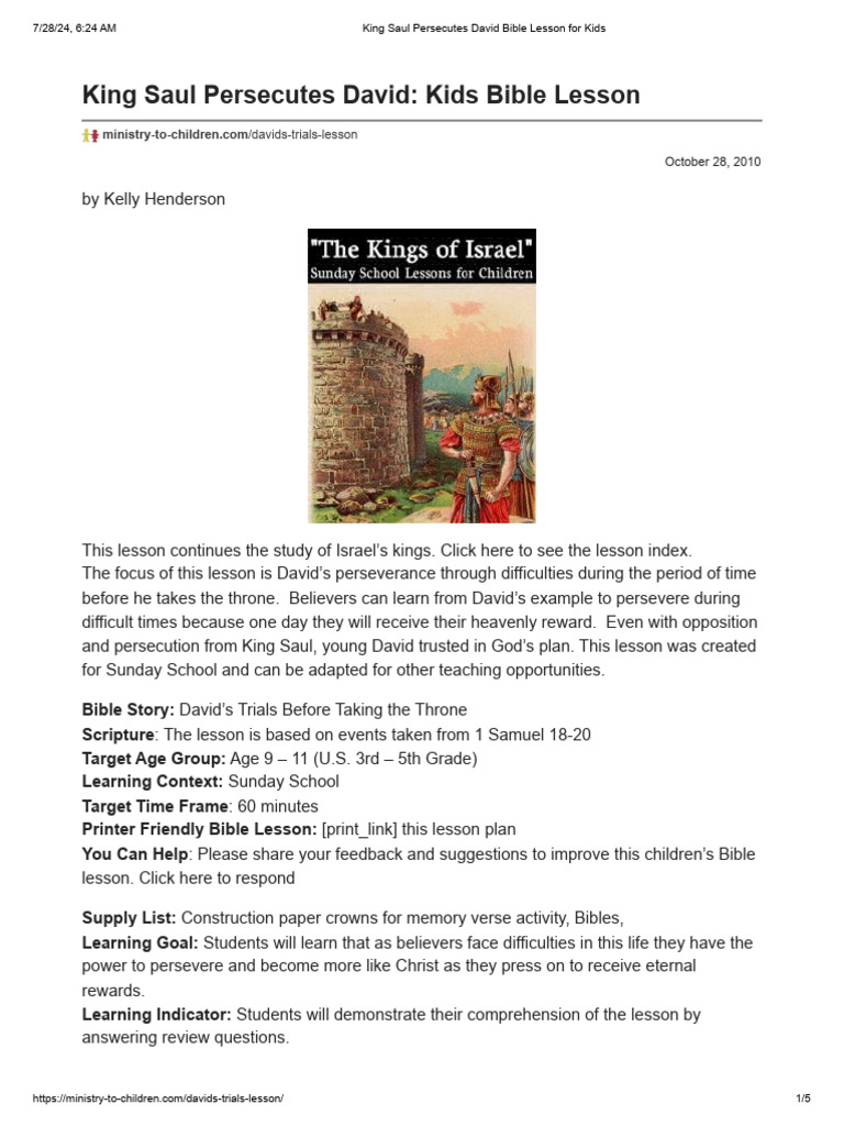David's Trials: Kids Bible Lesson | PDF | David | Saul