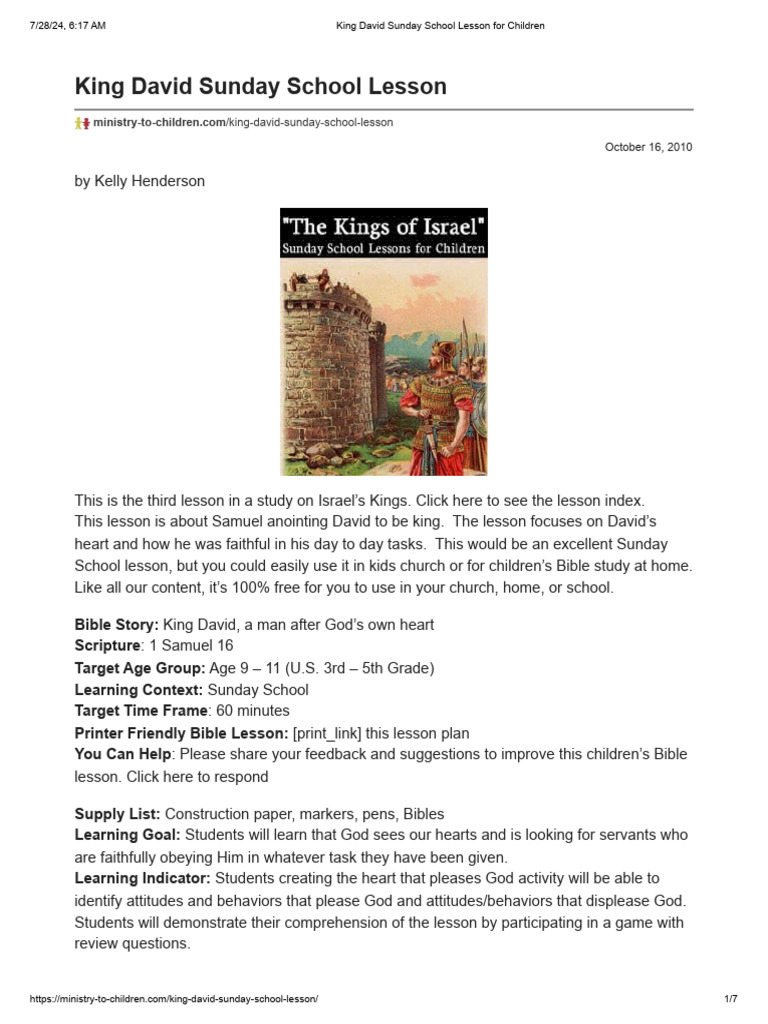 King David Sunday School Lesson Plan | PDF | Books Of Samuel | Saul