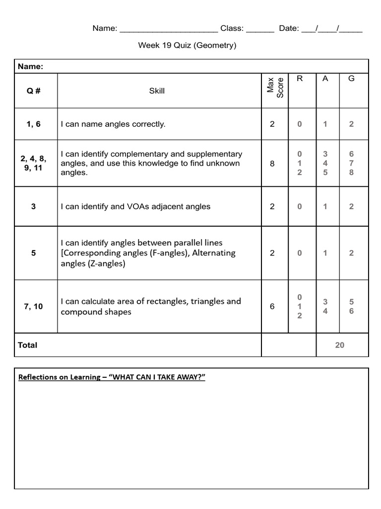 Year 7 - Geometry Quiz - With Reflection Page | PDF