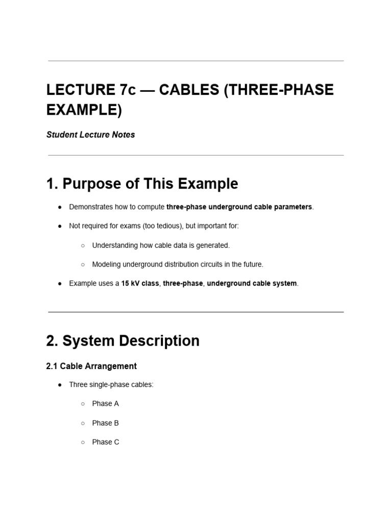 Lecture 7c — Cables (Three-phase Example) Student Lecture Notes | PDF ...
