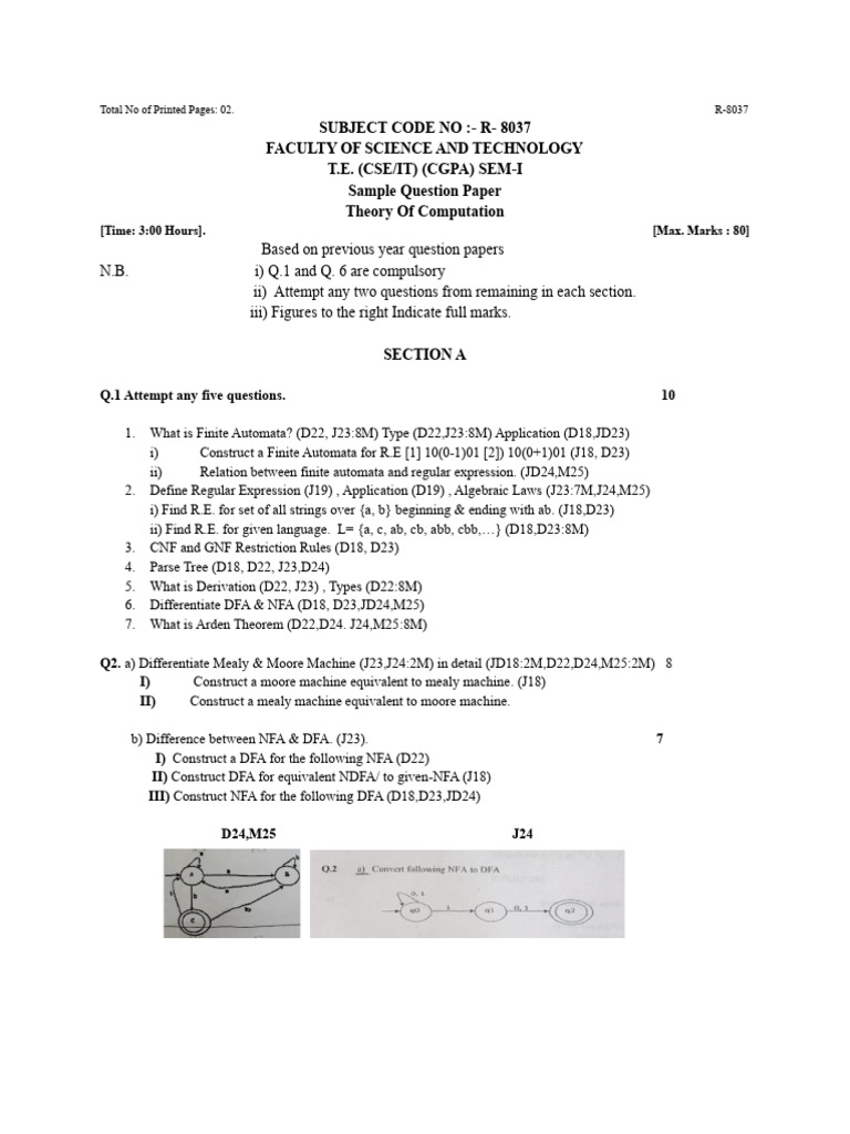 Theory of Computation Sample Question Paper | PDF | Regular Expression | Formal Methods