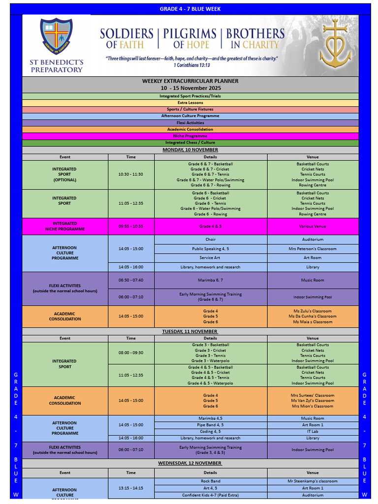 Weekly Extracurricular Planner 10 - 15 November 2025 | PDF | Summer ...