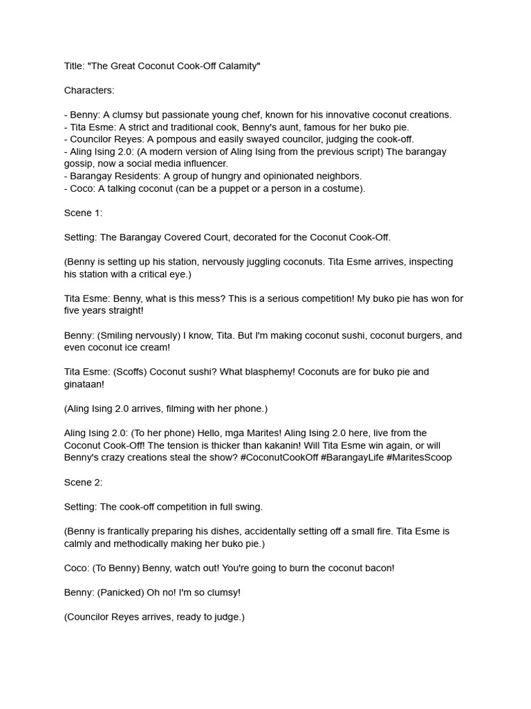 The Great Coconut Cook-Off Calamity Script | PDF | Foods