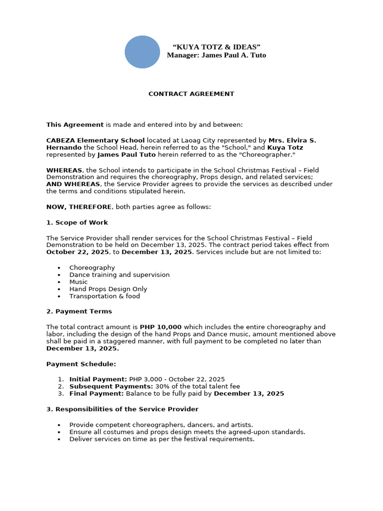 Choreography Contract for School Festival | PDF | Choreography | Business Law