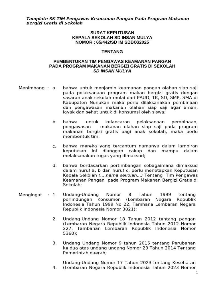 Sk Tim Pengawasan Mbg | PDF