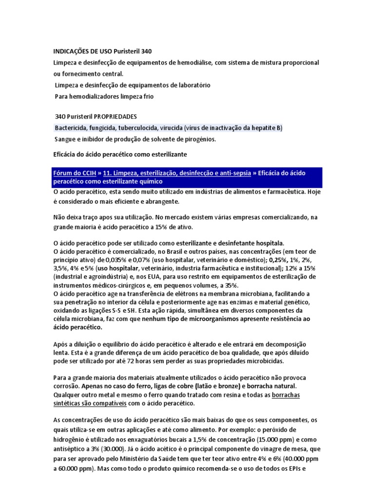 INDICAÇÕES DE USO Puristeril 340 | Esterilização (Microbiologia) | Ácido