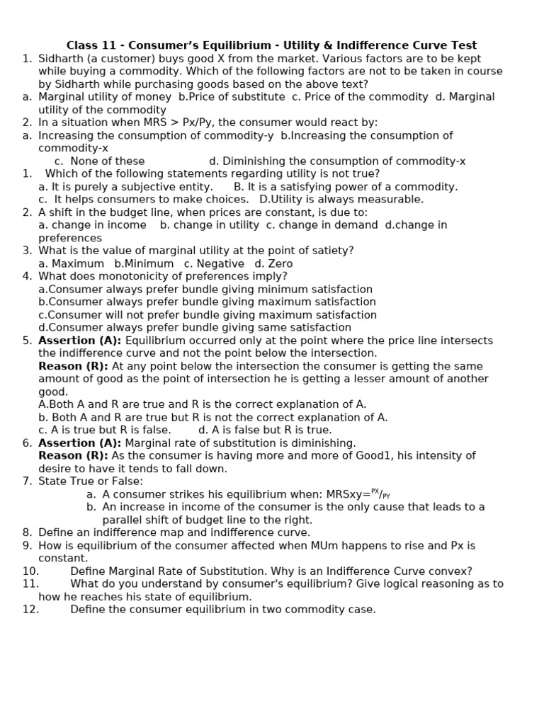Class 11 - Consumer's Equilibrium - Utility & Indifference Curve Test ...