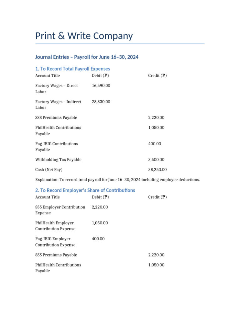 Print Write Payroll Journal Entries June16!30!2024 | PDF
