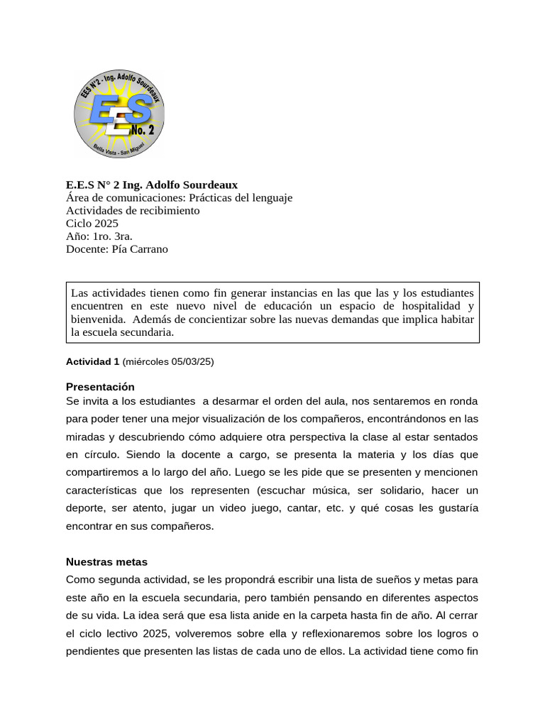 Semana de recibimiento_PLG 1°_2025_Esc2 | PDF | Aprendizaje | Escuelas