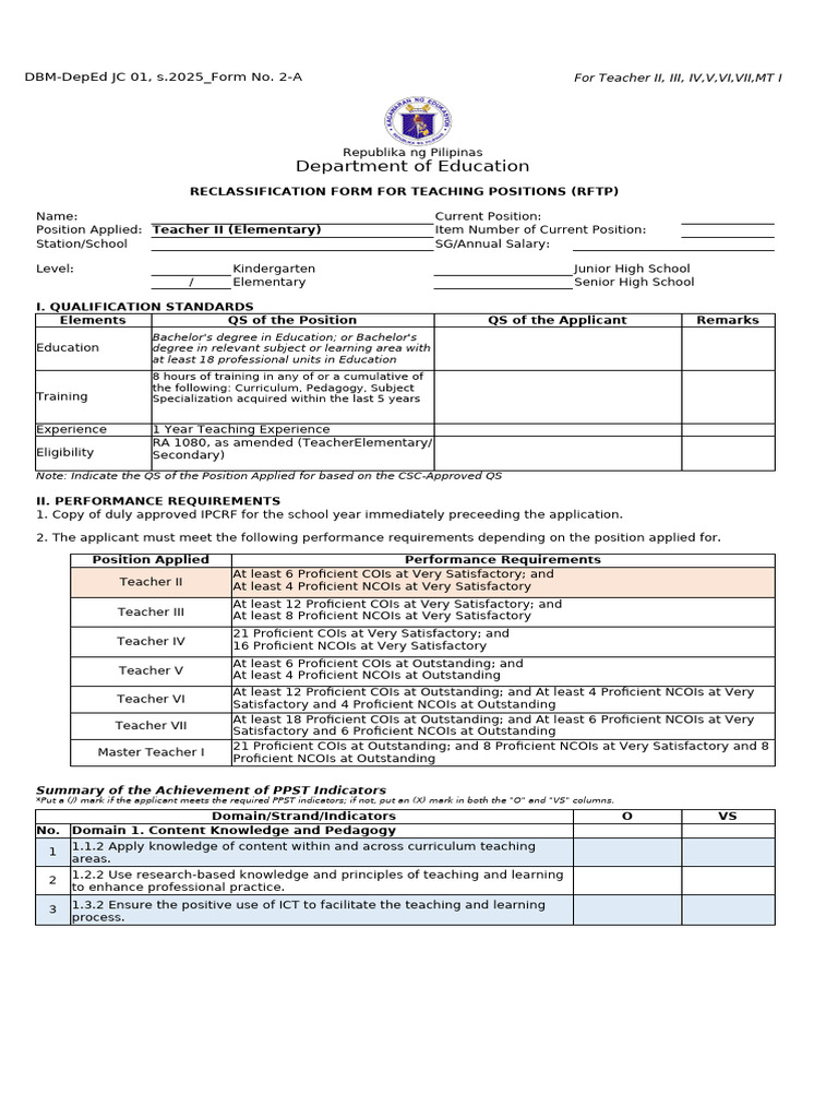 Teacher Position Reclassification Form | PDF | Educational Assessment ...