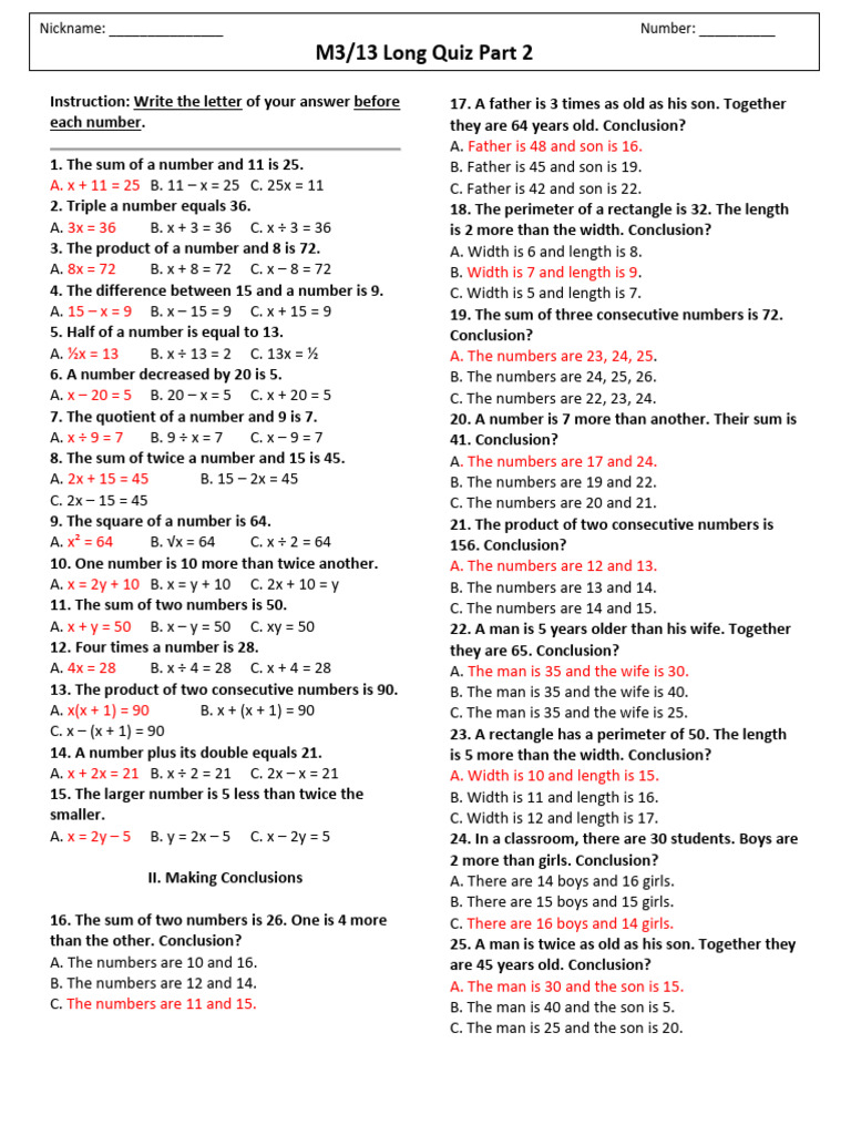 Math Equations and Word Problems Quiz | PDF | Length | Chess