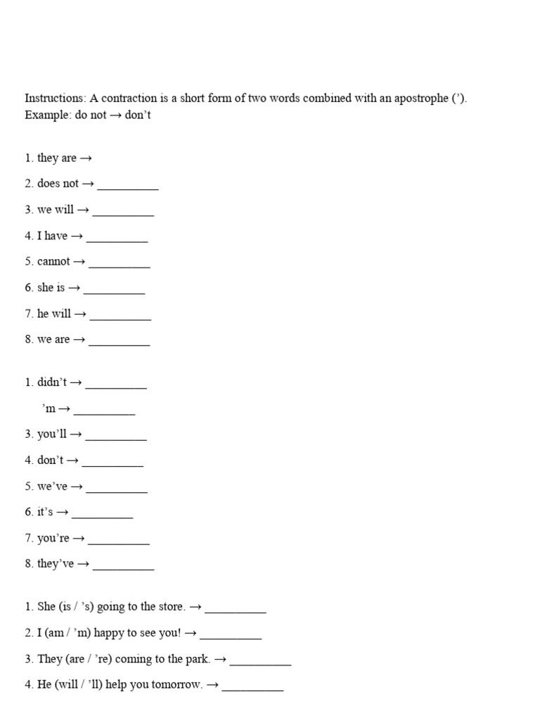 Grade V English Contraction Worksheet | PDF