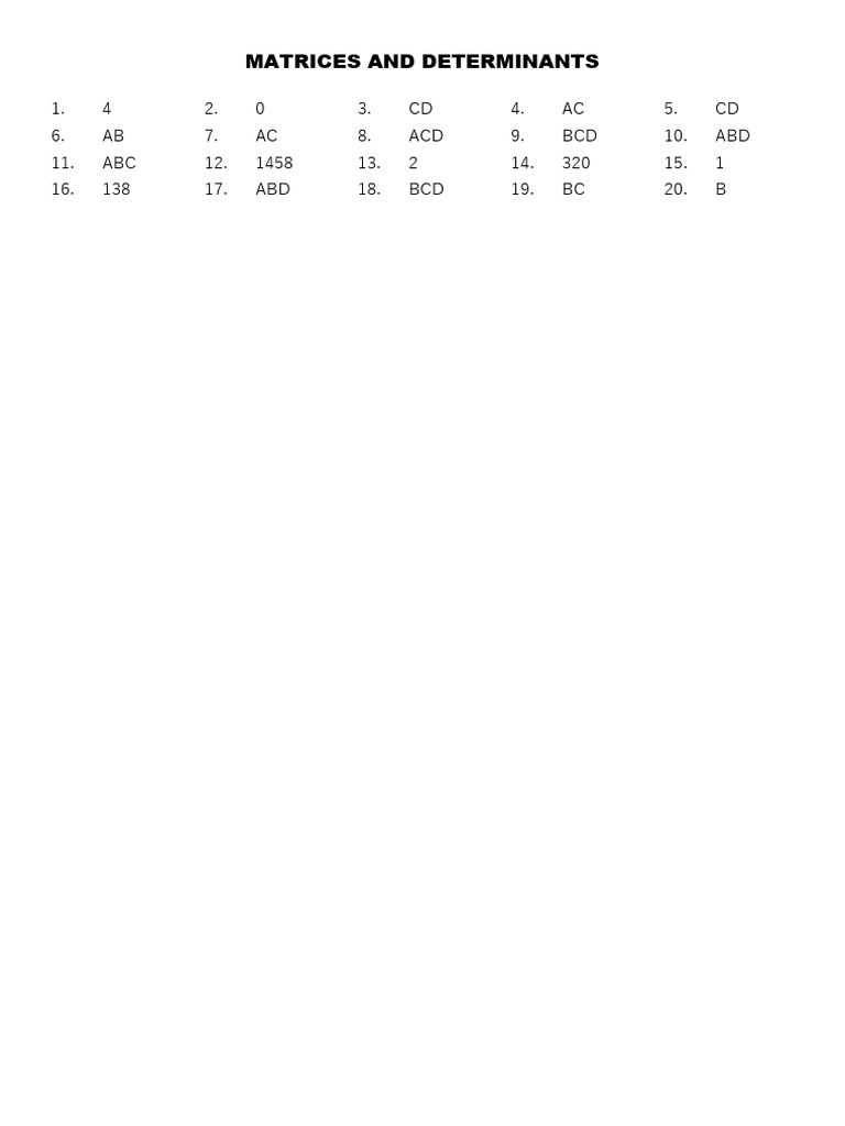 Matrices and Determinants (Answer Key) | PDF