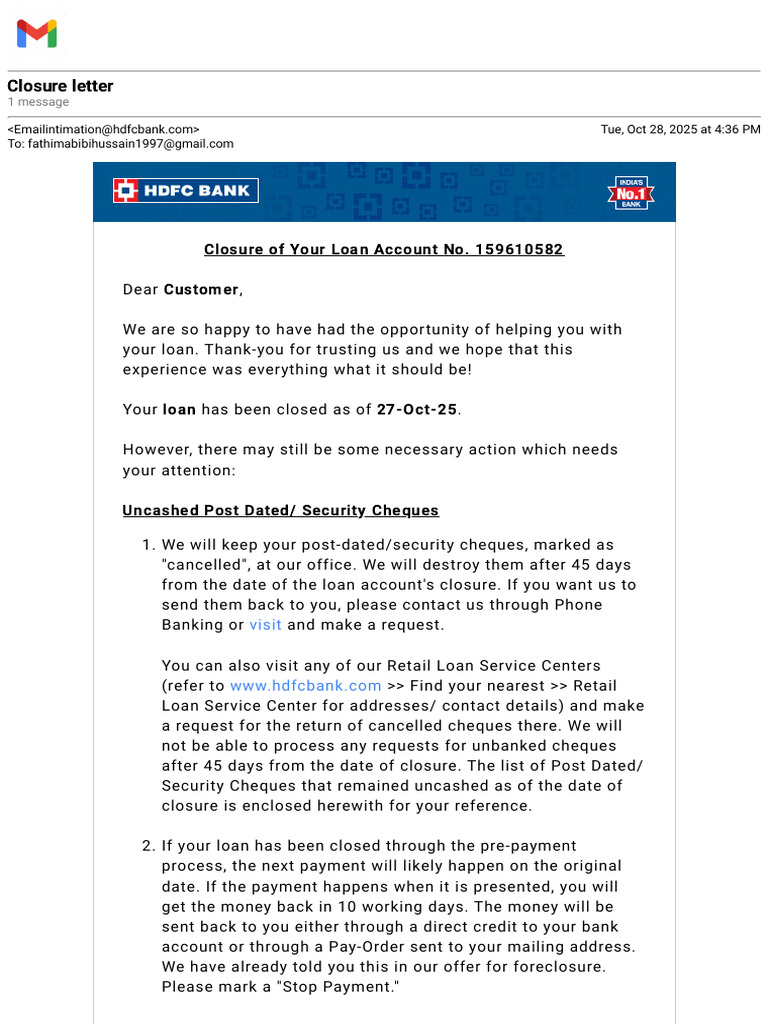 Loan Account Closure Notification | PDF | Cheque | Credit