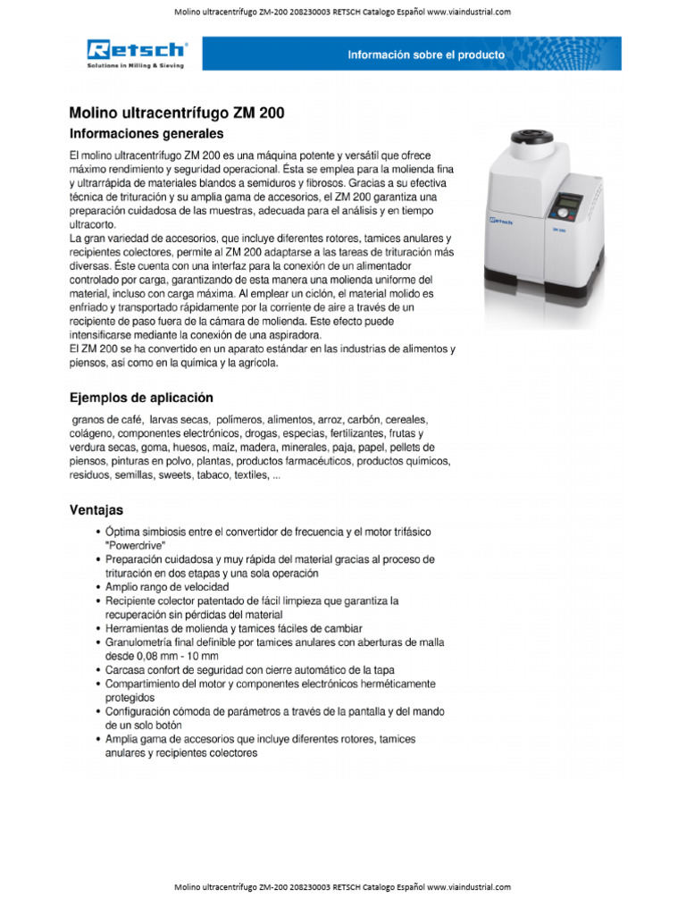 Molino Ultracentrifugo Zm200 208230003 Retsch Catalogo Espanol | PDF