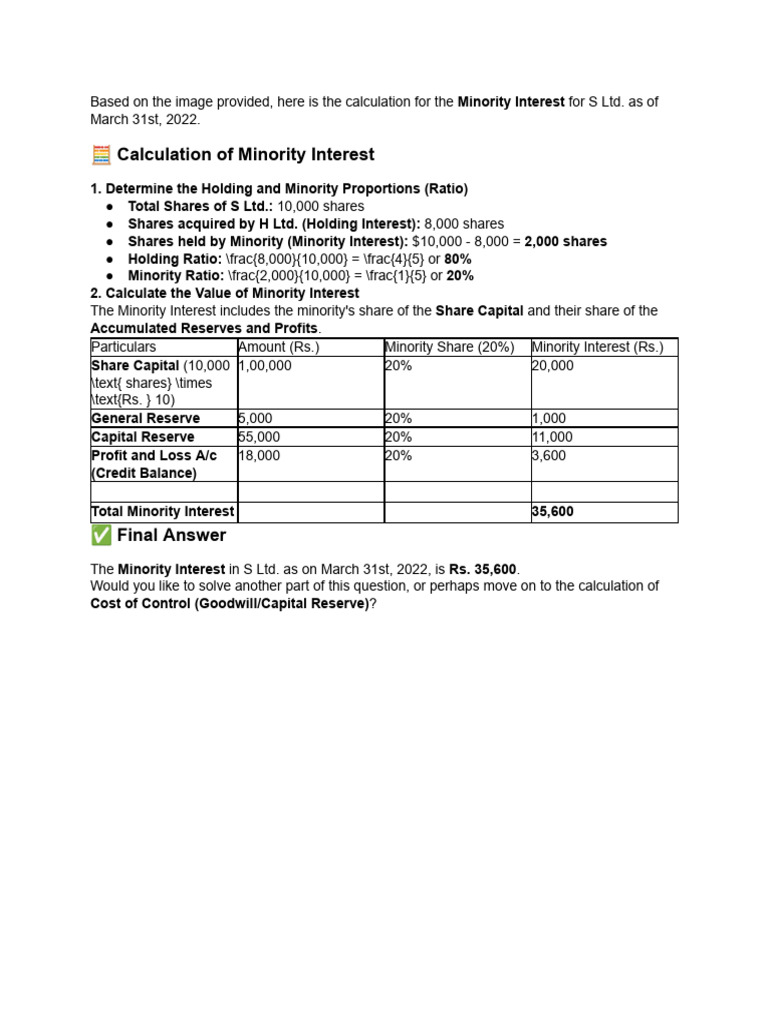 Calculation of Minority Interest | PDF