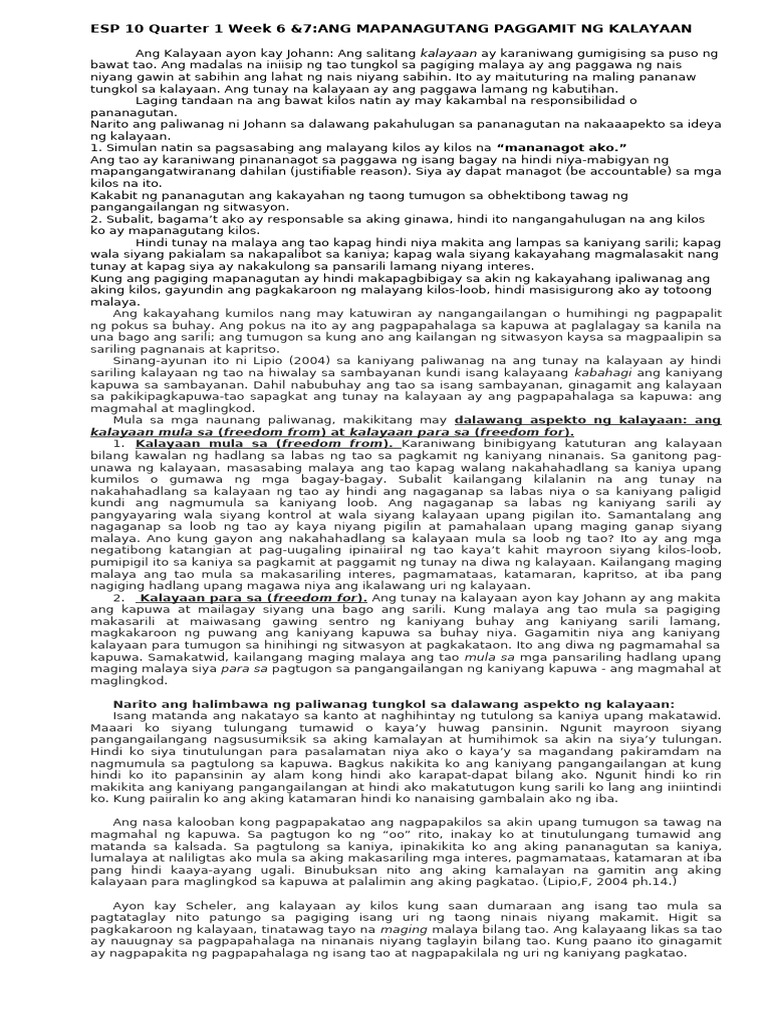 ESP 10 Quarter 1 Week 6 7 LECTURETTE ANG MAPANAGUTANG PAGGAMIT NG KALAYAAN | PDF