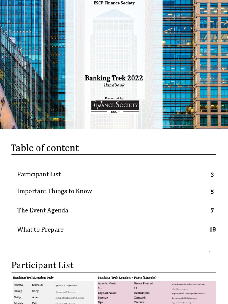 Handbook for the 2022 ESCP Finance Society Banking Trek | PDF ...