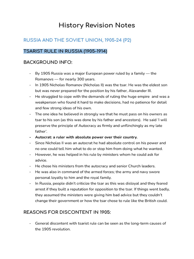 History Notes | PDF | Russian Empire | Vladimir Lenin