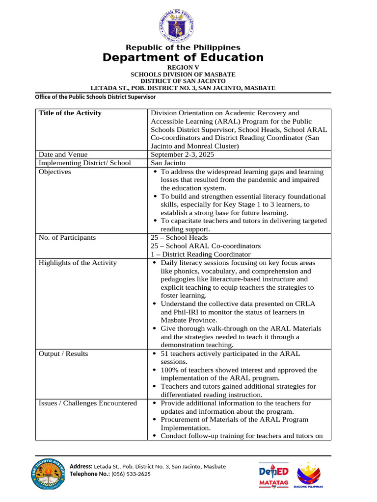 ARAL Program Orientation in San Jacinto | PDF | Teachers | Learning Methods