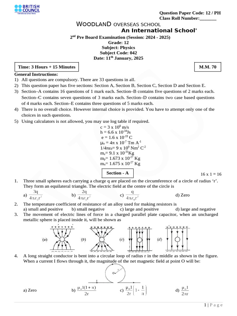 Grade 12 Physics Pre Board Exam 2025 | PDF | P–N Junction | Diode