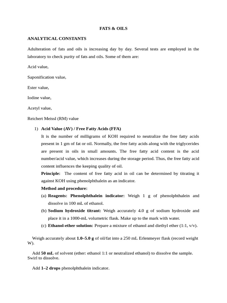 Fats and Oils - Analytical Constants | PDF | Titration | Chemistry