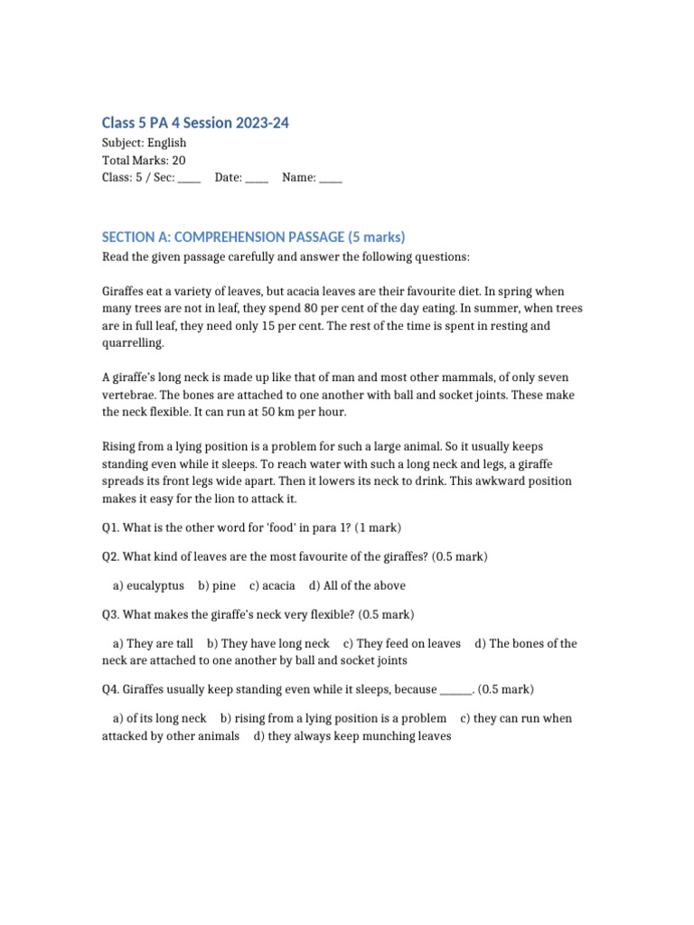 Class 5 PA4 Questions Only | PDF | Giraffe