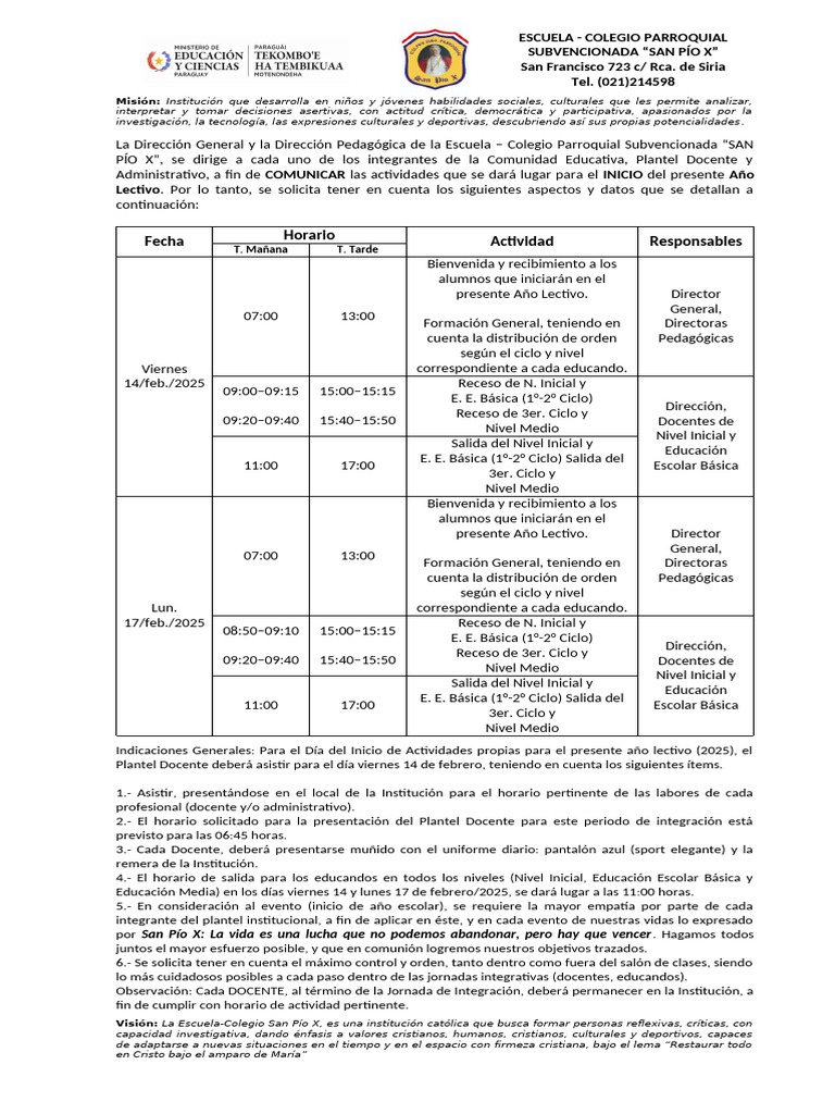 Inicio Año Escolar 2025 en San Pío X | PDF | Educación de la primera ...