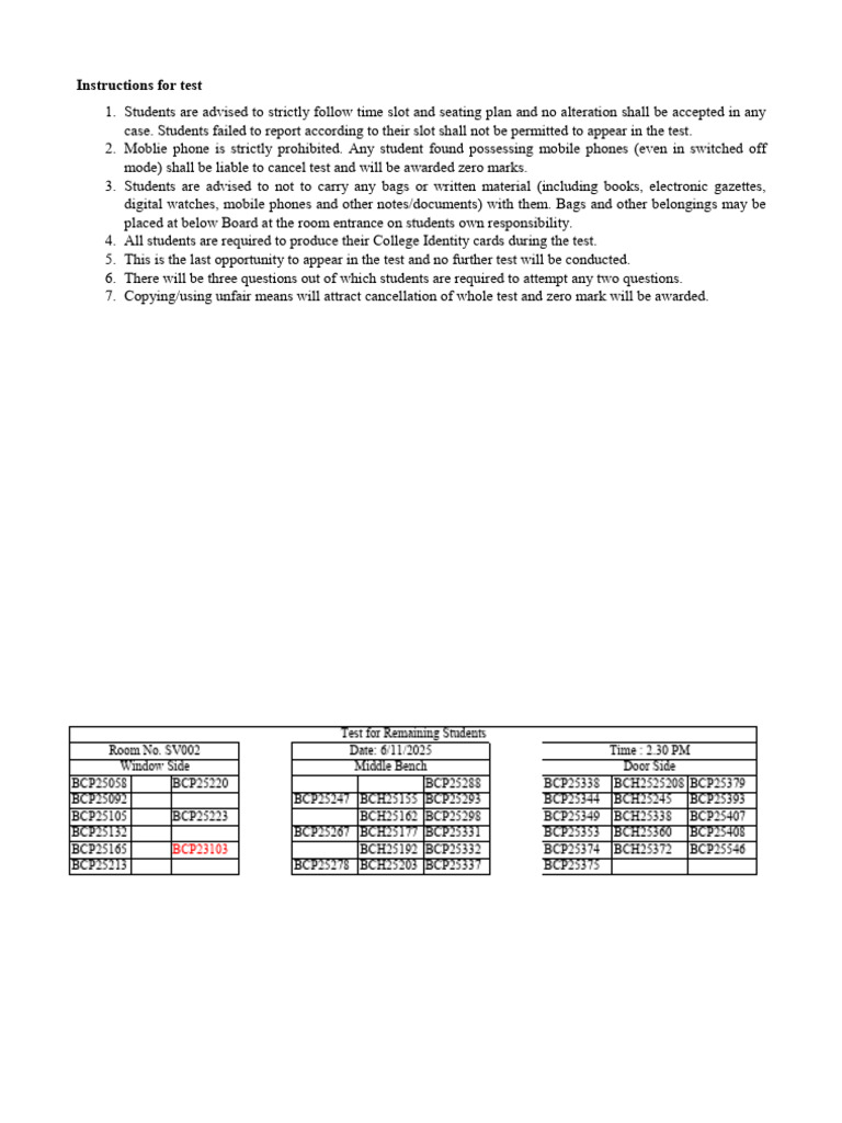 Instructions For The Test | PDF