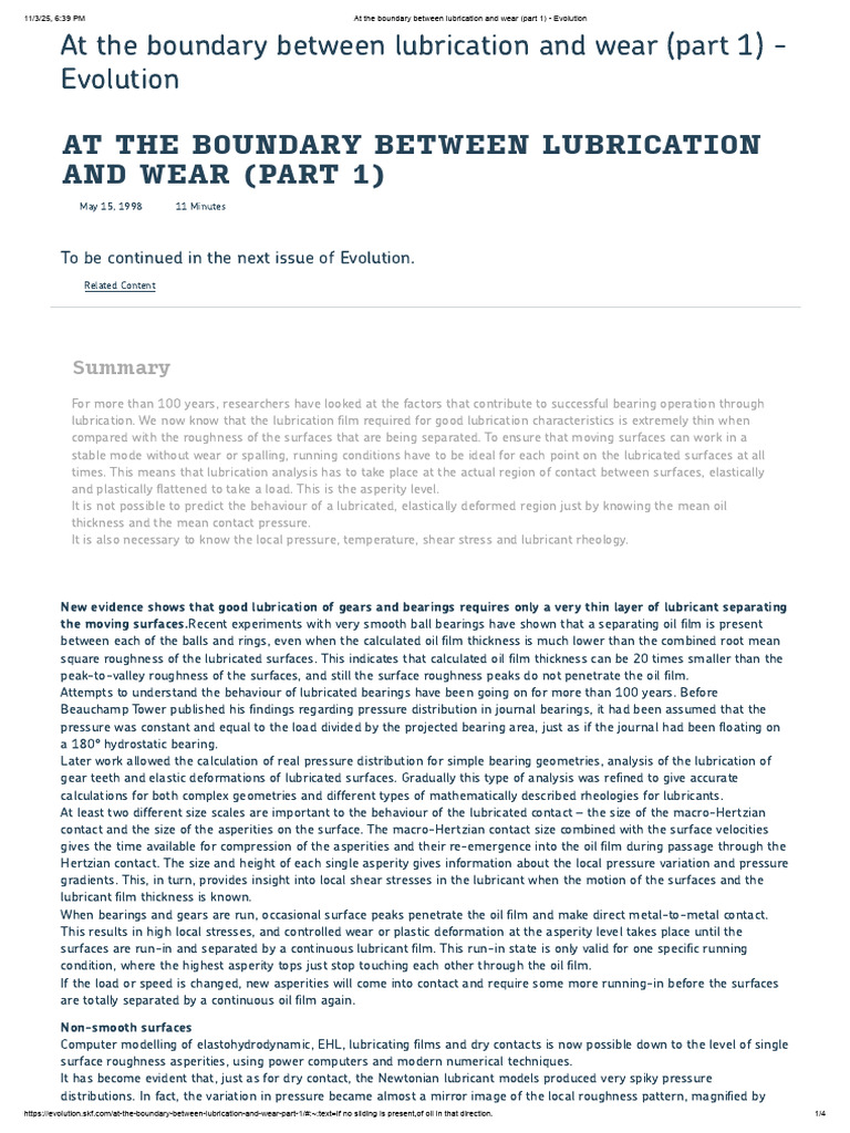 At The Boundeeary Between Lubrication and Wear (Part 1) - Evolution ...