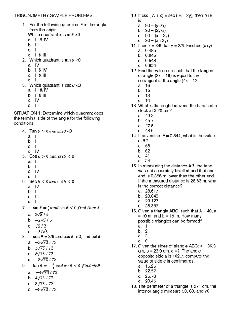 Trigonometry Sample Problems and Solutions | PDF | Trigonometry