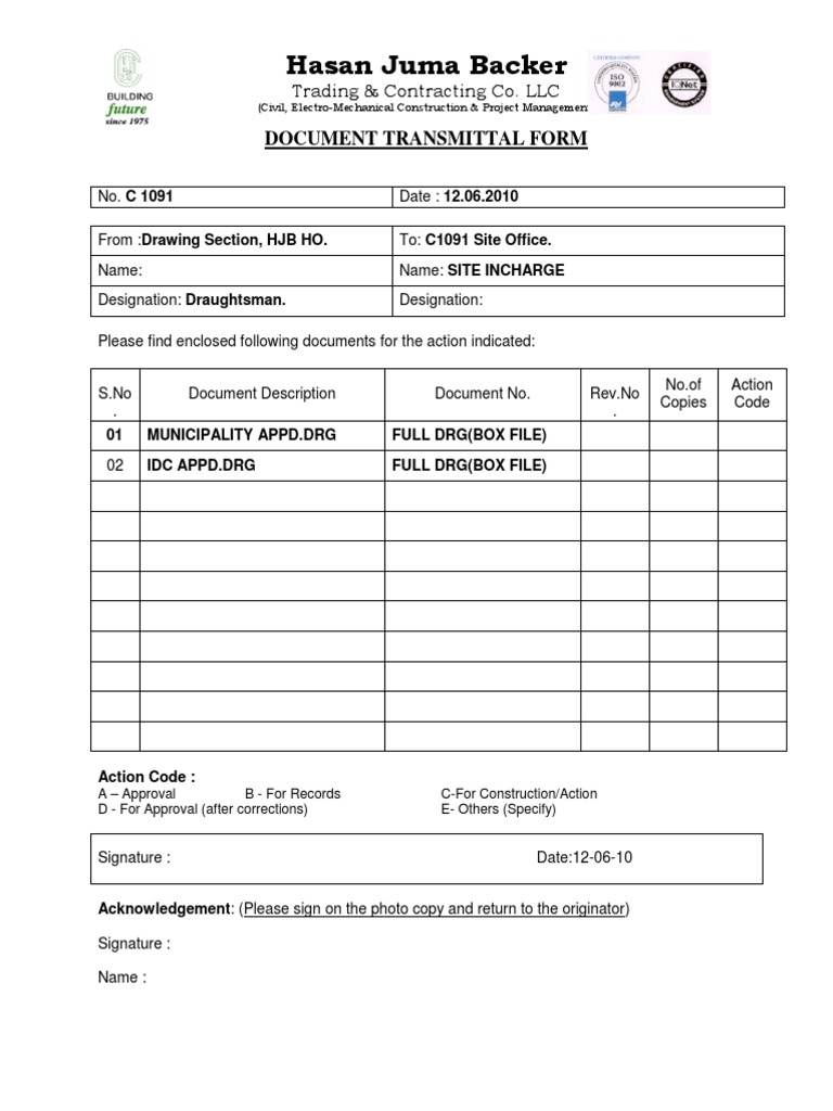Hasan Juma Backer: Document Transmittal Form | PDF | Technical Drawing ...
