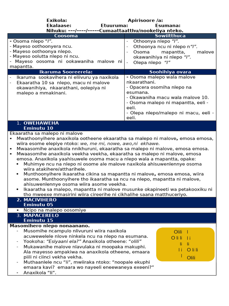 Modelo de Plano de Aula Emakhuwa r Am | PDF