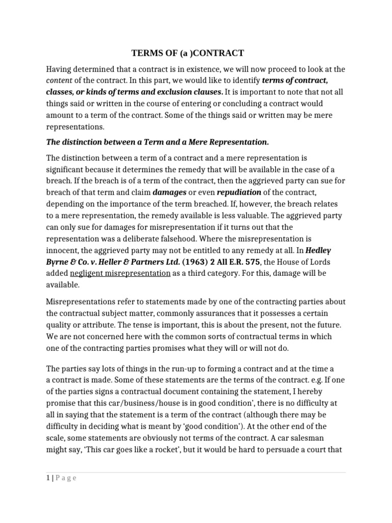 Contract Terms and Misrepresentation Explained | PDF ...