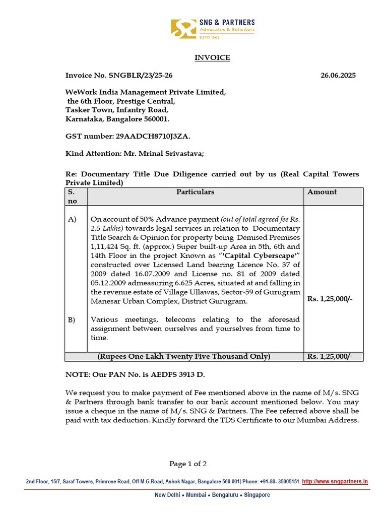 (DS) Invoice No. 23-WeWork-Inforpark (Gurgaon Property) | PDF ...
