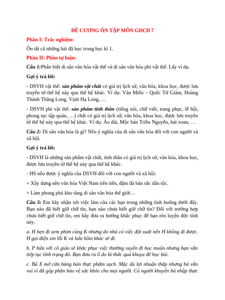 Đề Cương Ôn Tập Môn Gdcd 7 (Hki) | PDF